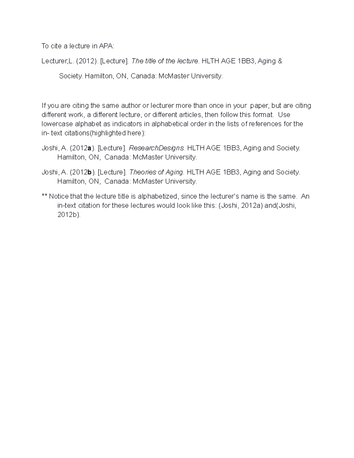 Citing Lectures in APA Format for HLTH AGE 1BB3: A Guide - Studocu