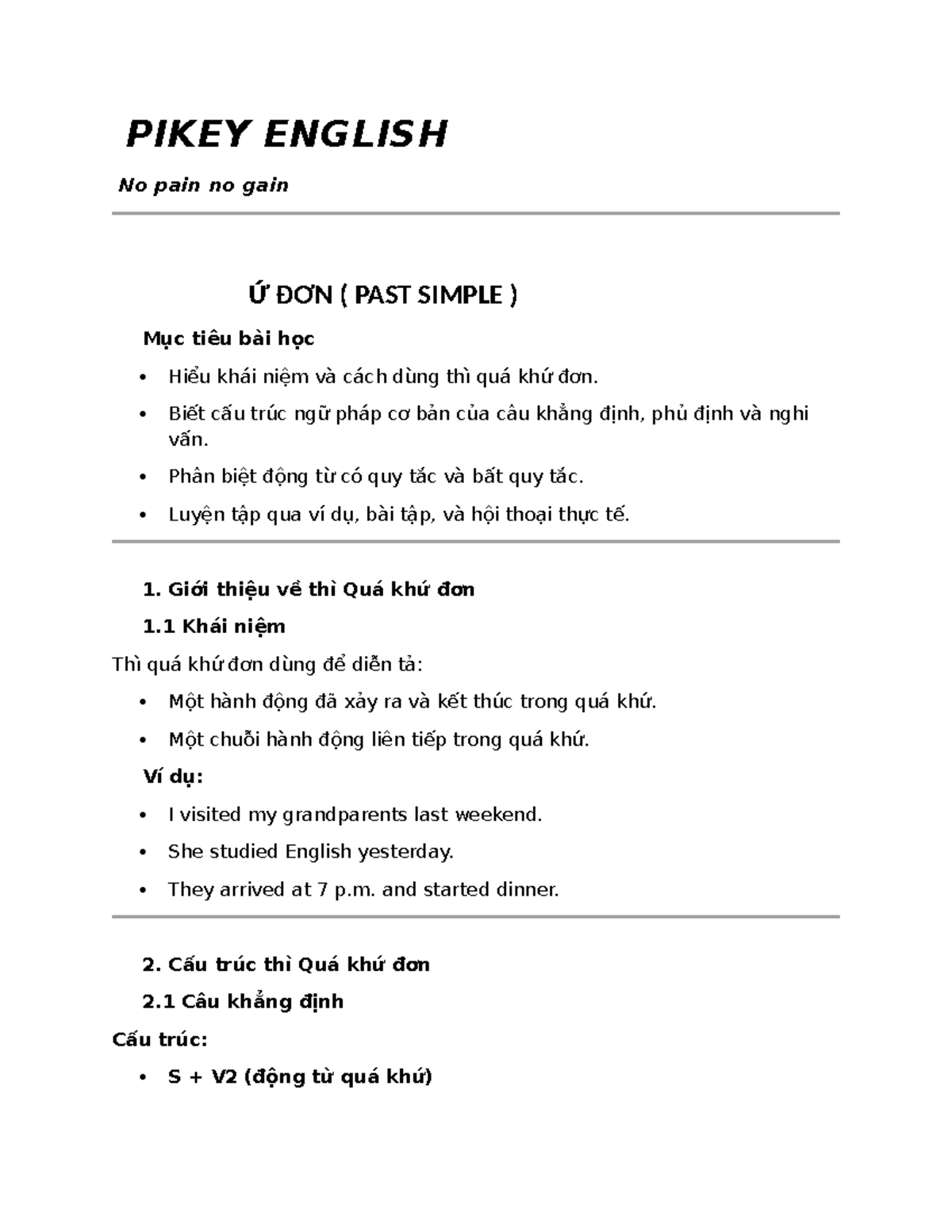 PIKEY ENGLISH: Thì Quá Khứ Đơn (Past Simple) - Bài Học và Bài Tập - Studocu