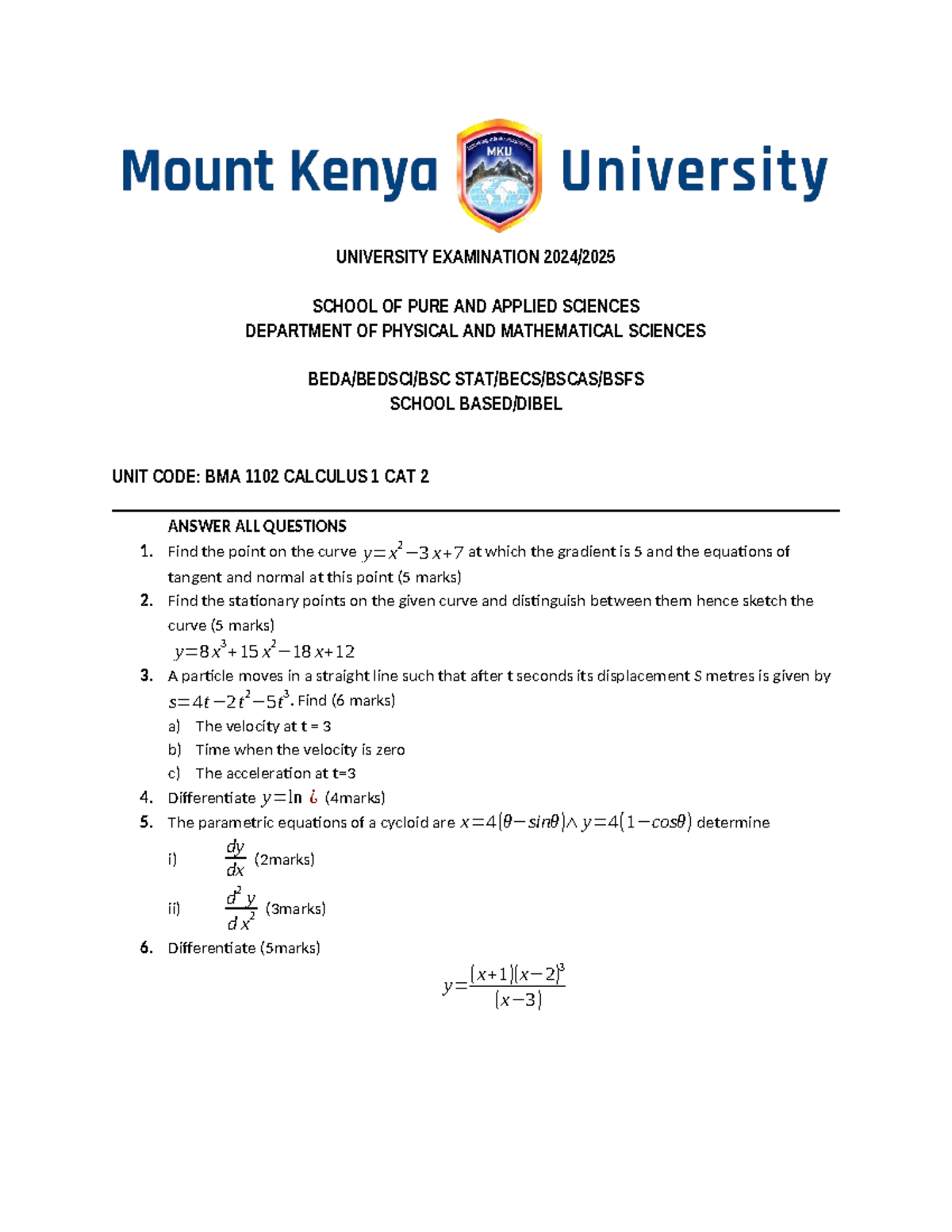 BMA 1102 Calculus 1 CAT 2 Exam Questions and Solutions - Studocu