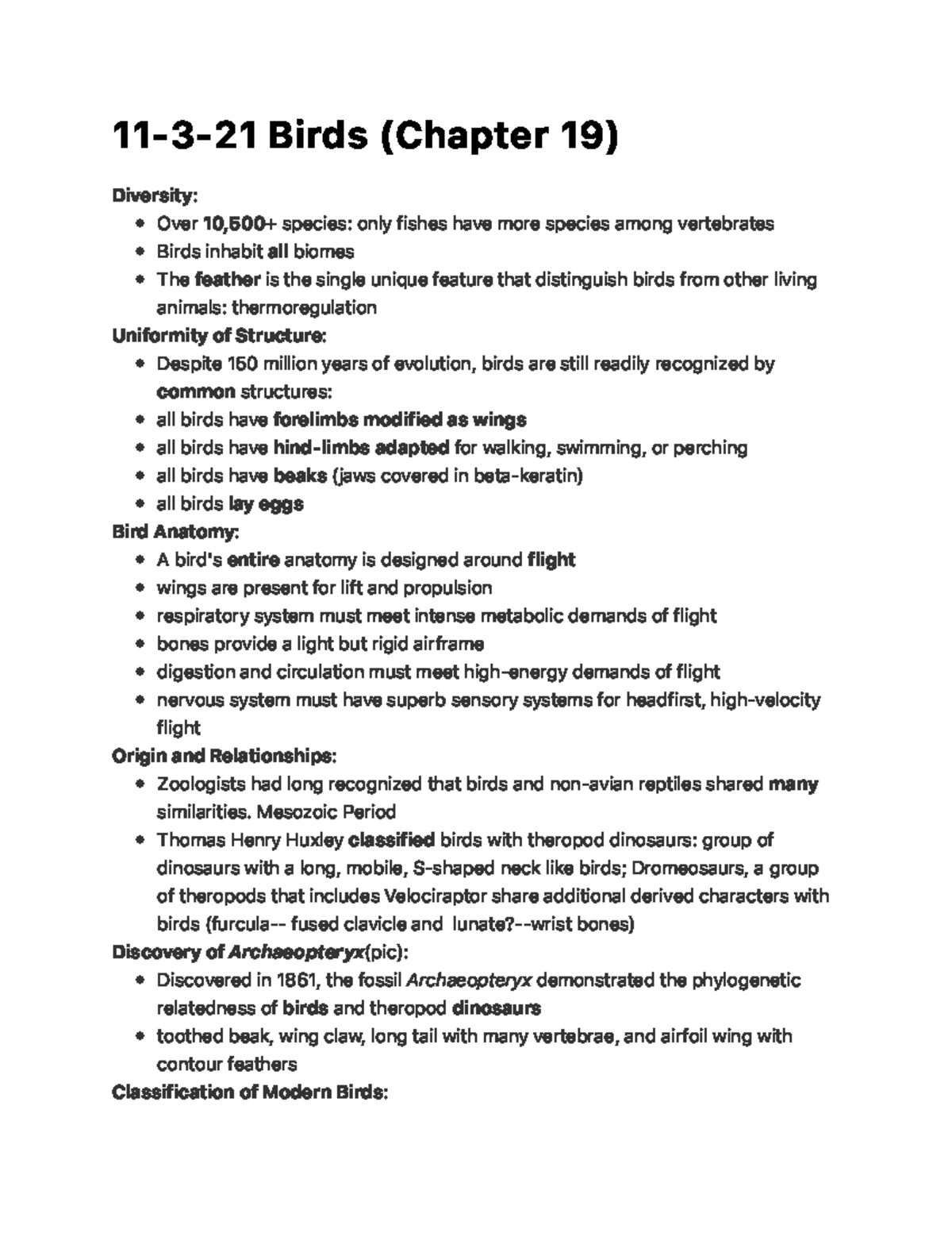 Birds (Chapter 19) Lecture Notes - 11-3-21 Birds (Chapter 19) Diversity ...