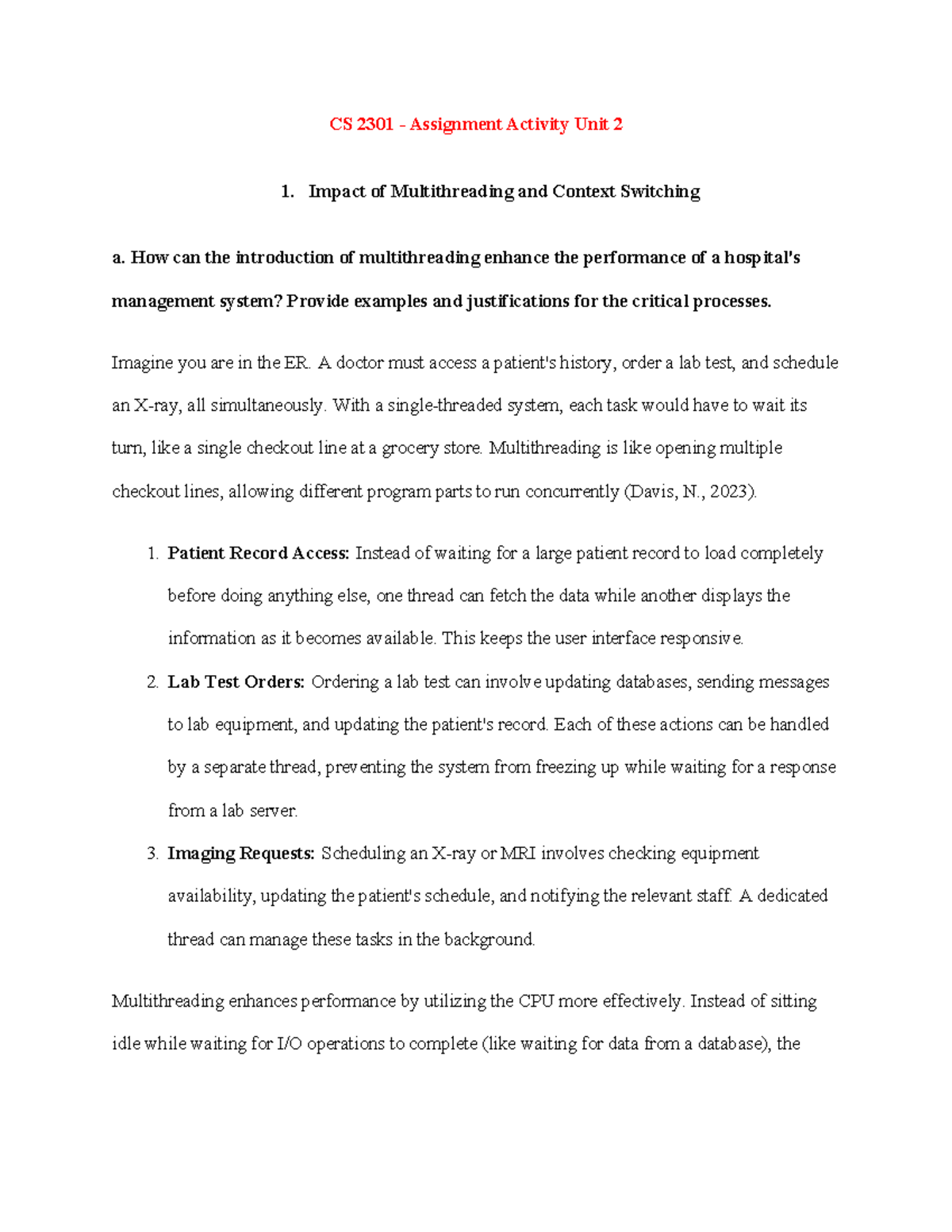 CS 2301 - Assignment Activity Unit 2: Multithreading & Context Switching in - Studocu