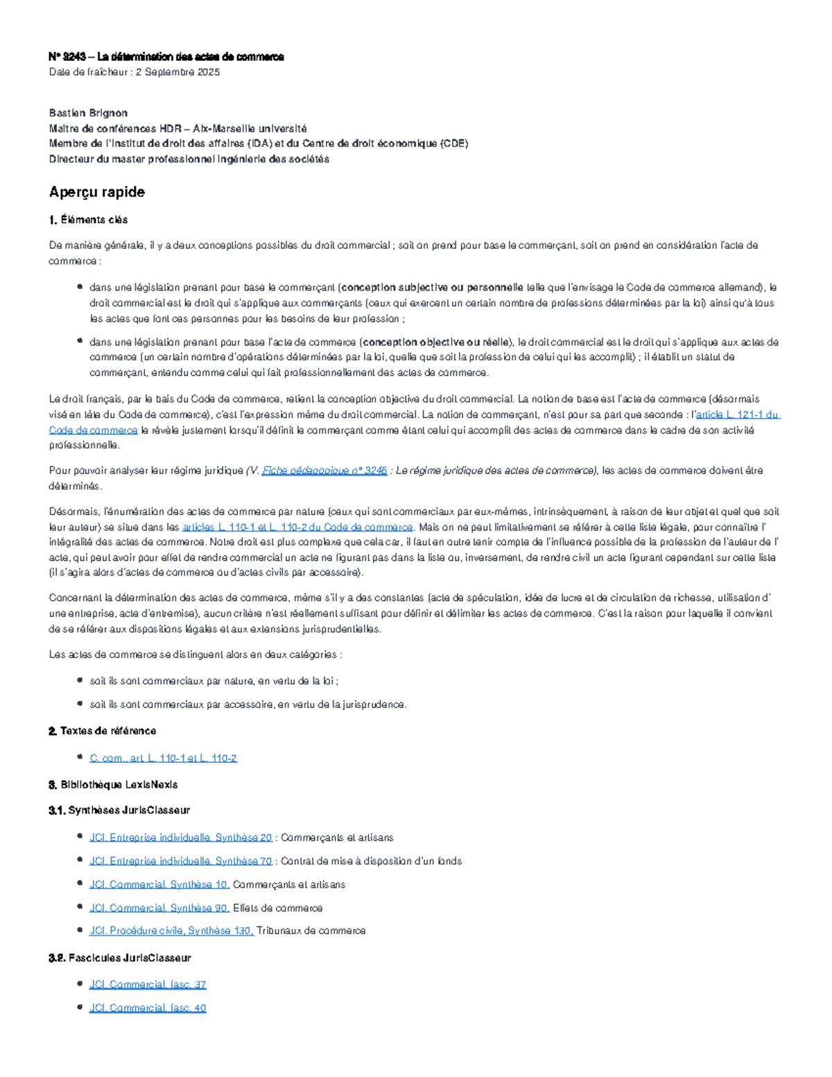 3243 Étude sur la Détermination des Actes de Commerce - Studocu