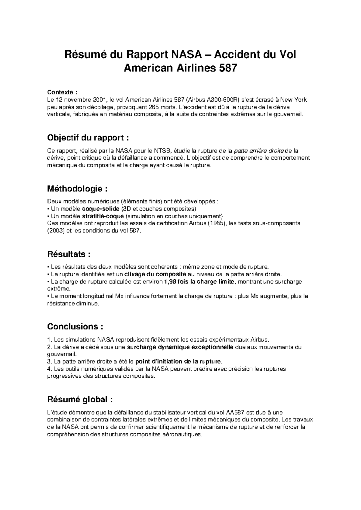 Résumé du Rapport NASA sur l'Accident du Vol AA587 - Studocu