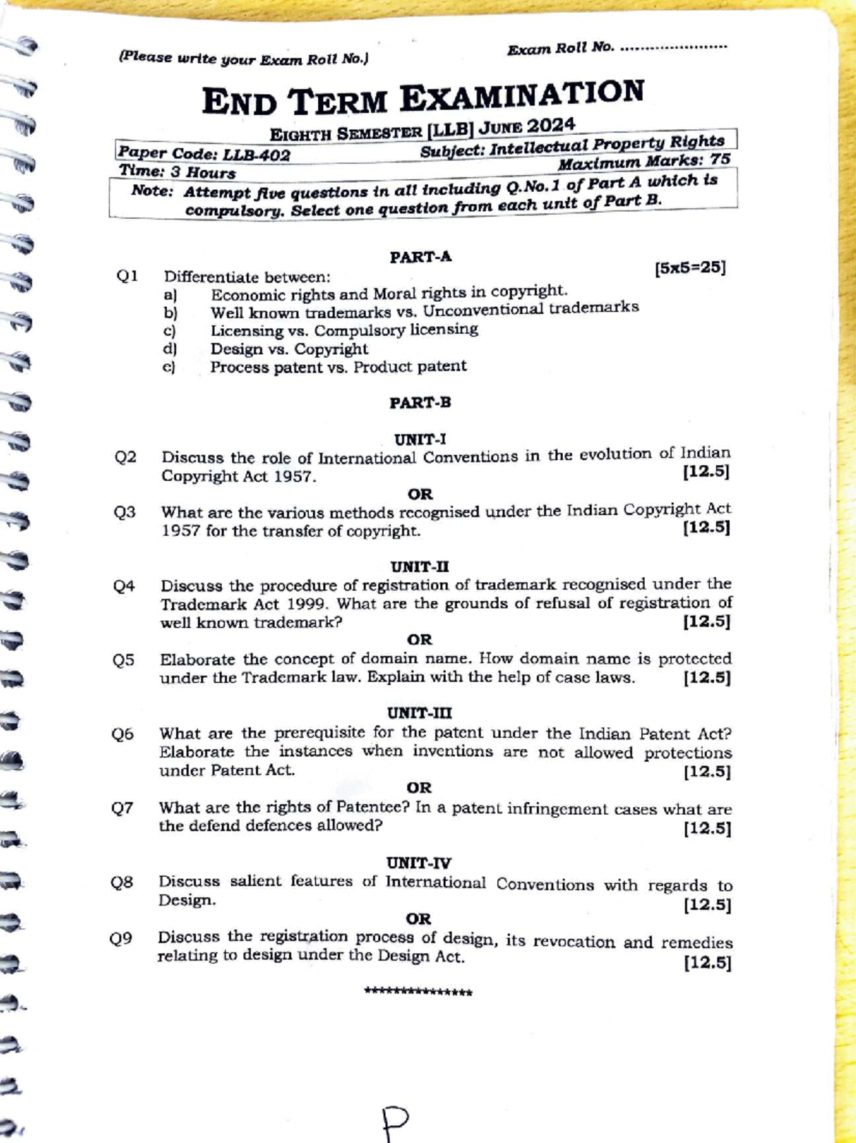IPR - End Term Examination Eighth LLB June 2024 - Intellectual Property ...