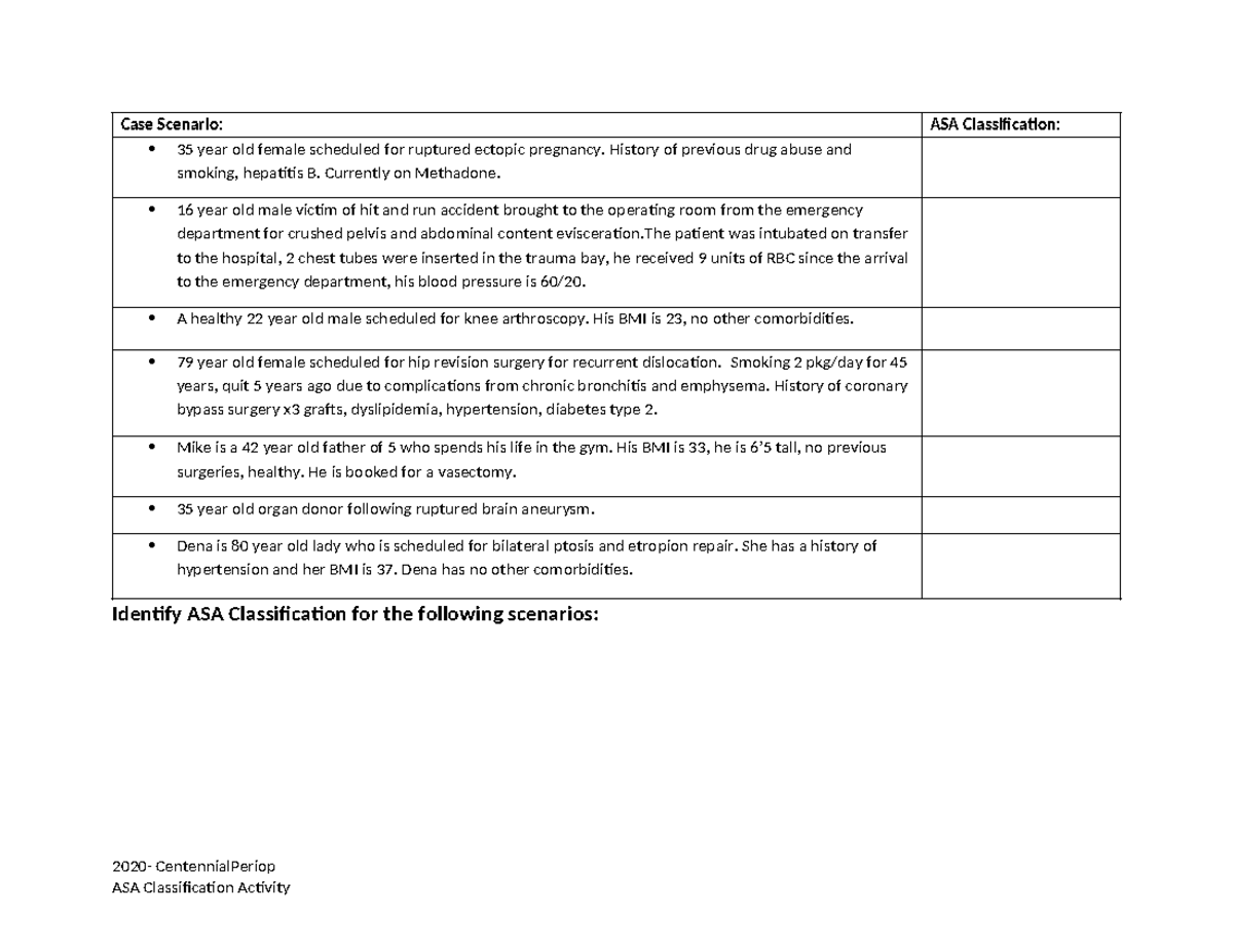 ASA Classification Activity: Case Scenarios for Surgical Patients - Studocu