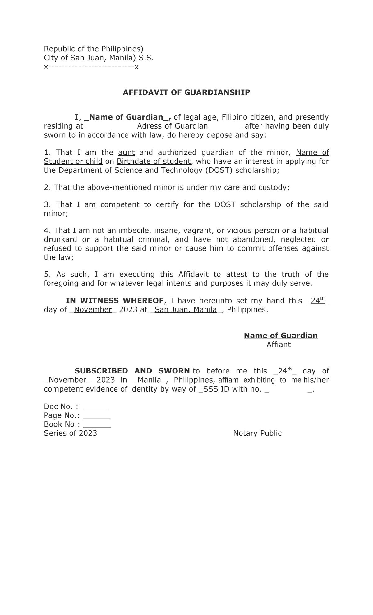 Affidavit of Guardianship - Republic of the Philippines) City of San ...