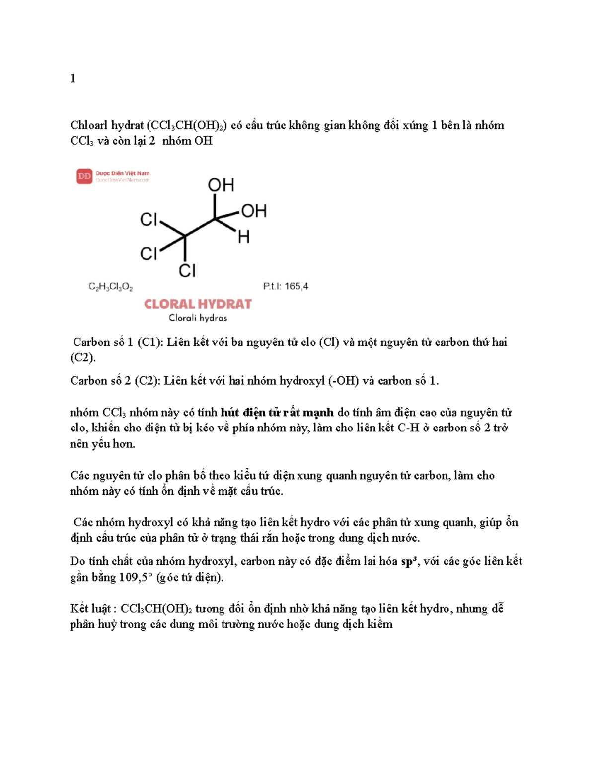 Lý thuyết về Chloral Hydrat (CCl3CH(OH)2) - Sem 2 Th7 - Studocu