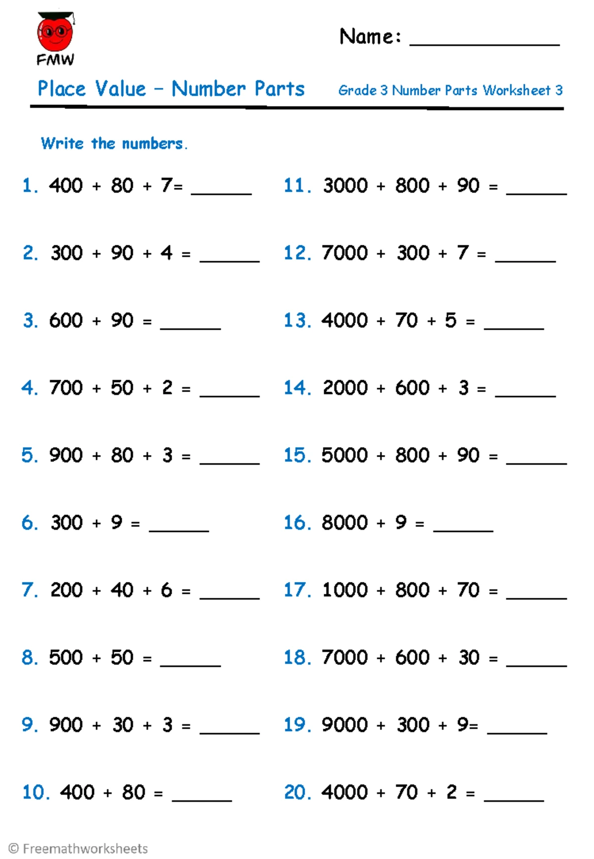 Grade 3 Place Value Number Parts Worksheet 1 - Studocu