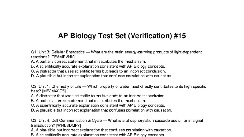 AP Biology APBio Test 15: 5 MCQ on Cellular Energetics & More - Studocu