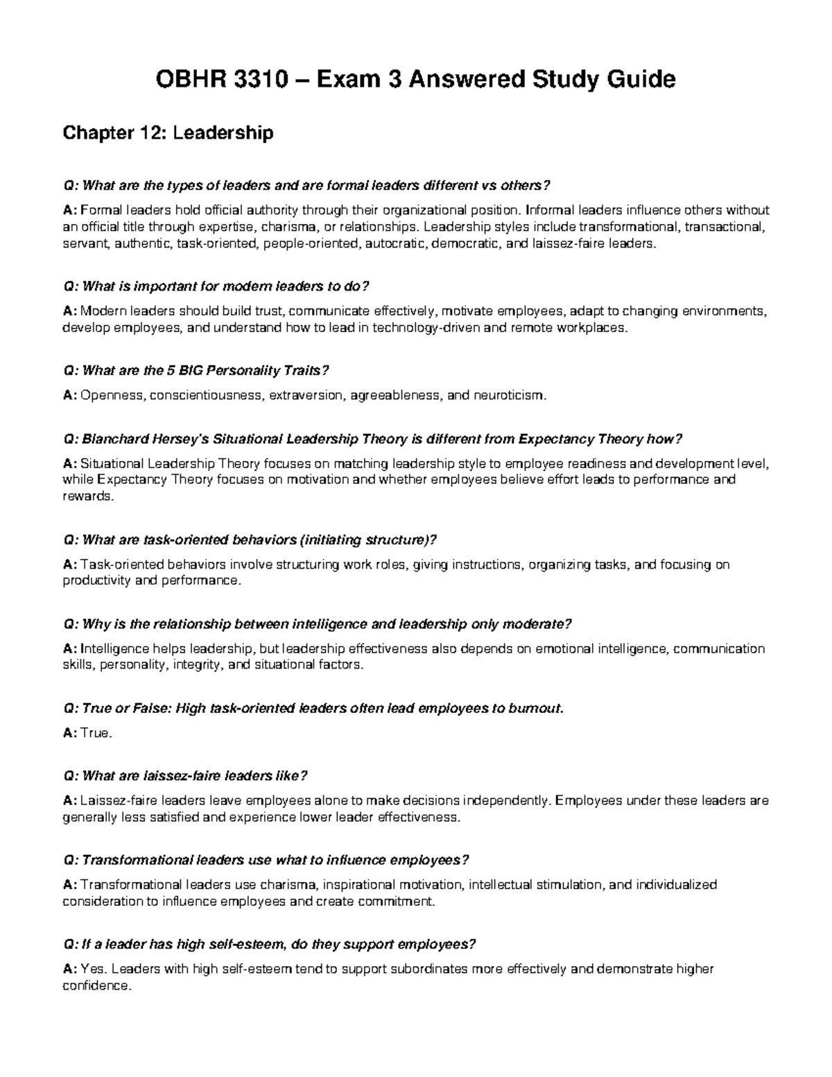 OBHR 3310 – Exam 3 Study Guide: Leadership & Power - Studocu