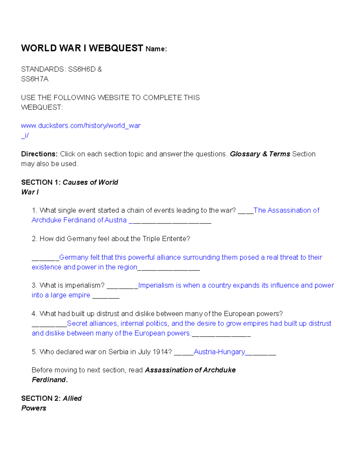 World History Webquest: Exploring World War I (SS6H6D & SS6H7A) - Studocu