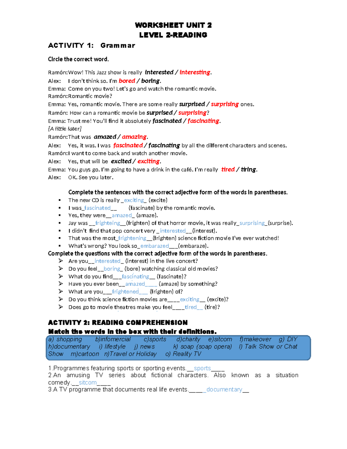 Worksheet Unit 2 Level 2: Grammar and Reading Comprehension Activities ...