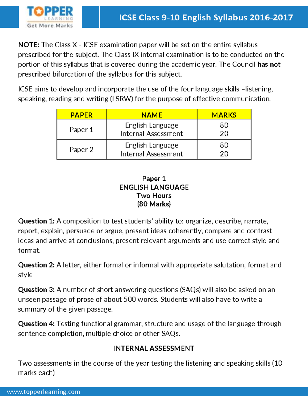 ICSE Class X English Syllabus Overview and Assessment Guide - Studocu