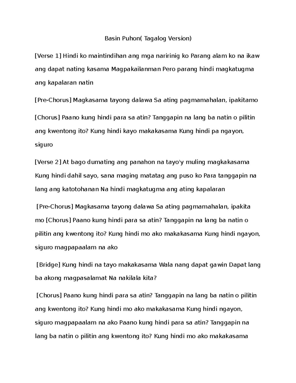 Basin Puhon - Tagalog Lyrics Analysis and Interpretation - Studocu