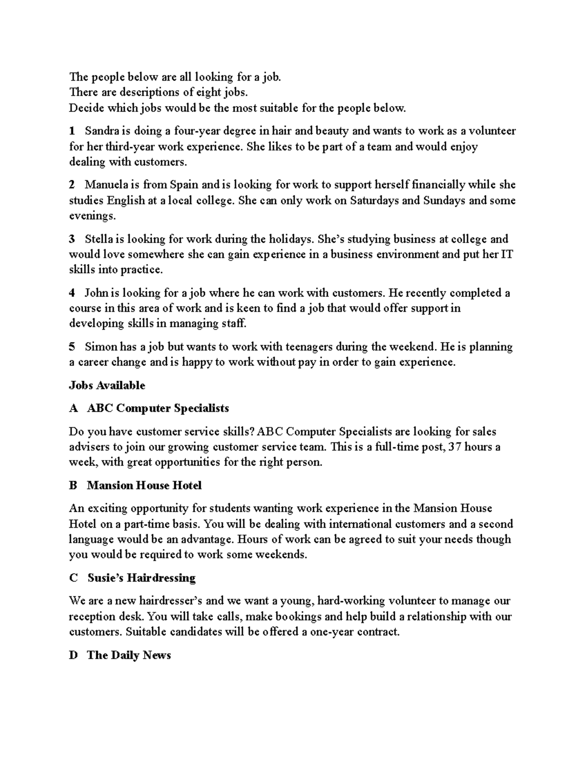 B1 Job Matching Exercise - English - Studocu