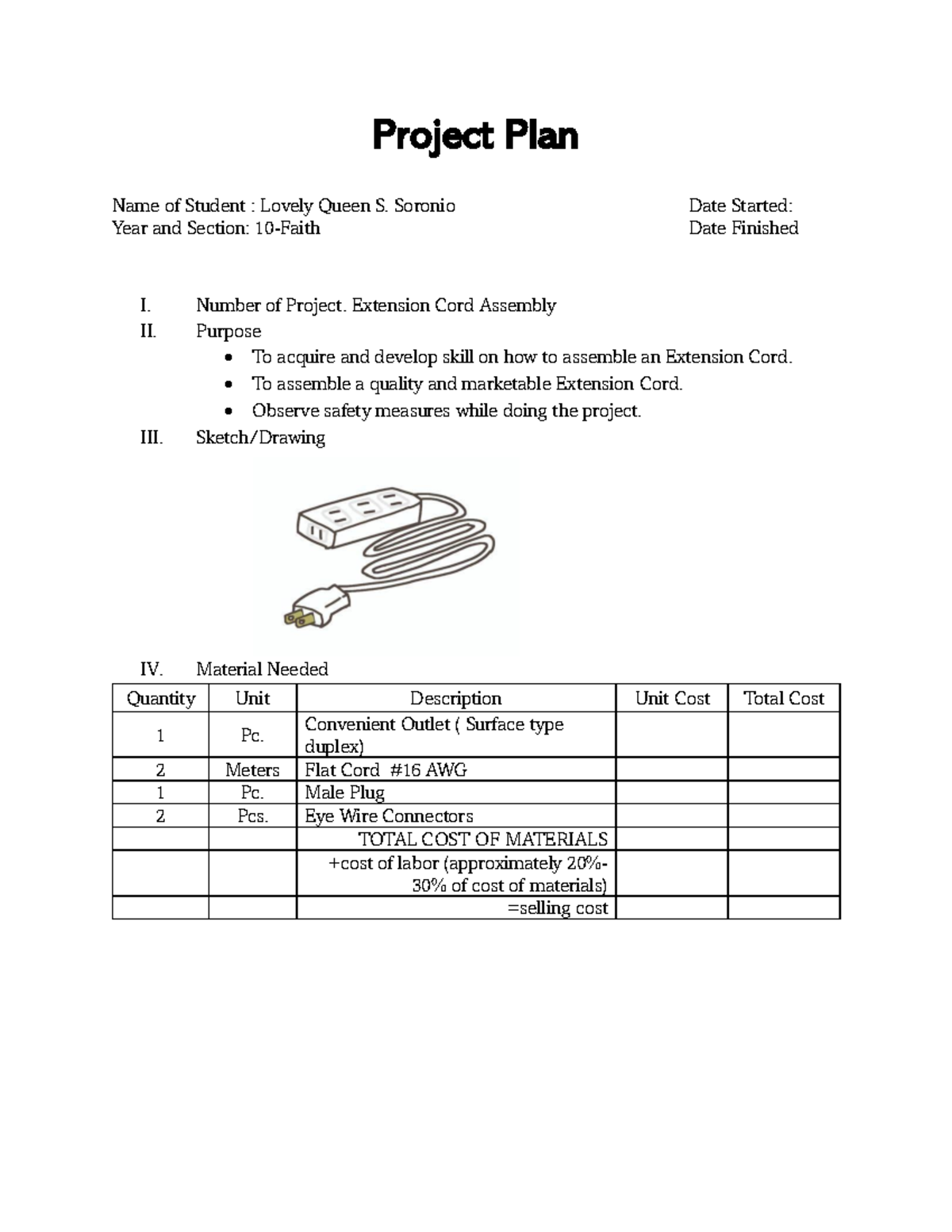 Project Plan for Extension Cord Assembly - 10-Faith - Studocu