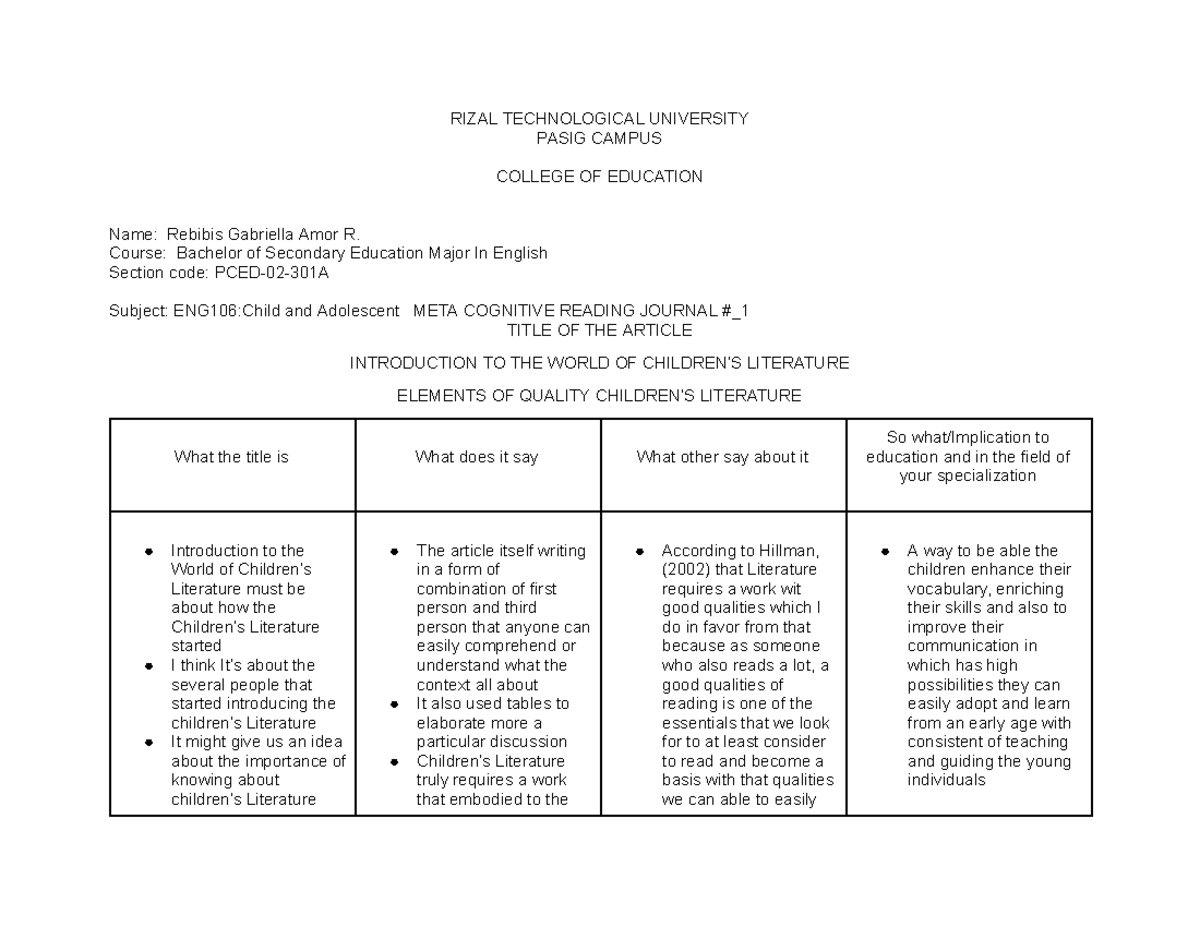 Rebibis META Cognitive Reading Journal # 1 - RIZAL TECHNOLOGICAL UNIVERSITY PASIG CAMPUS COLLEGE ...
