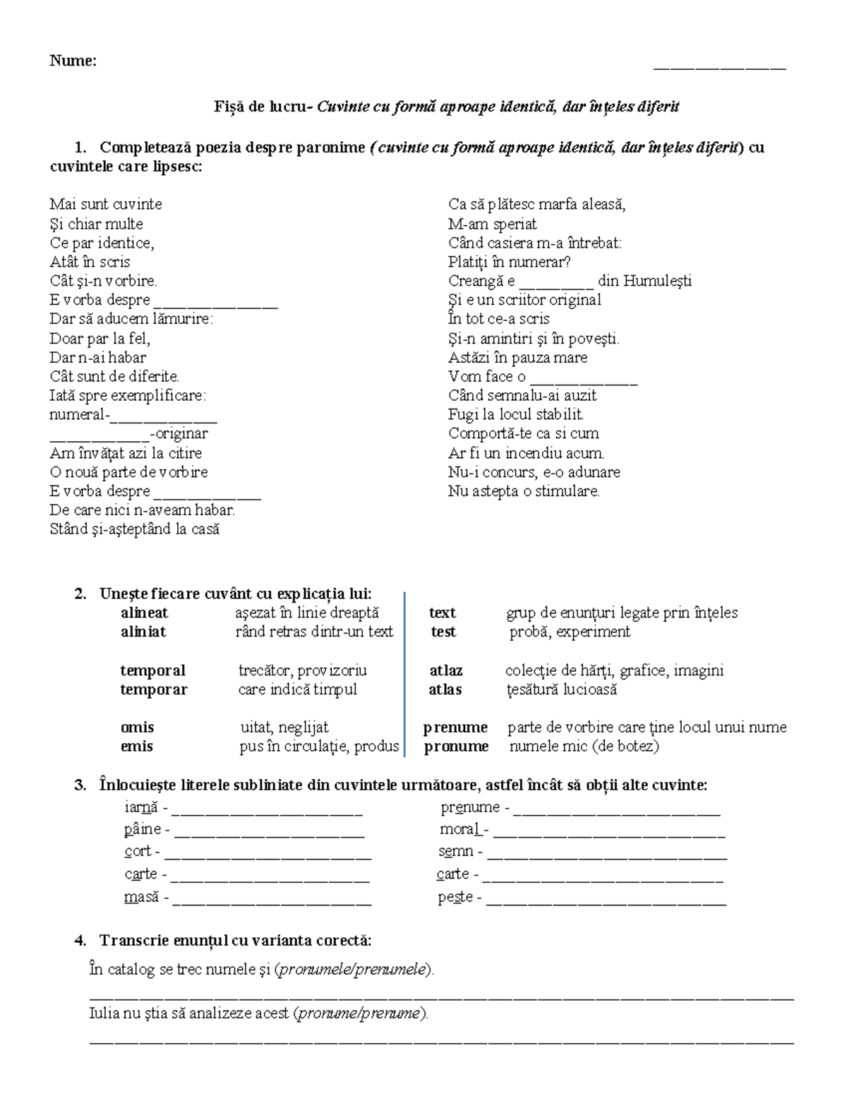Paronime: Fișă de Lucru pentru Exerciții 1 - Cuvinte cu Formă Similară ...