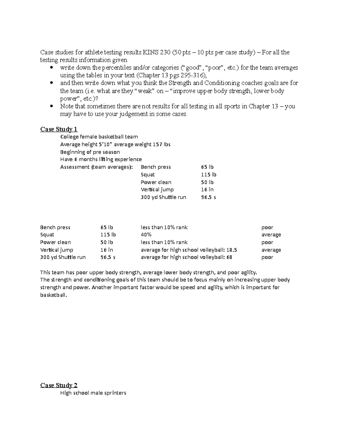 KINS 230 Case Studies: Analyzing Athlete Testing Results and Goals ...