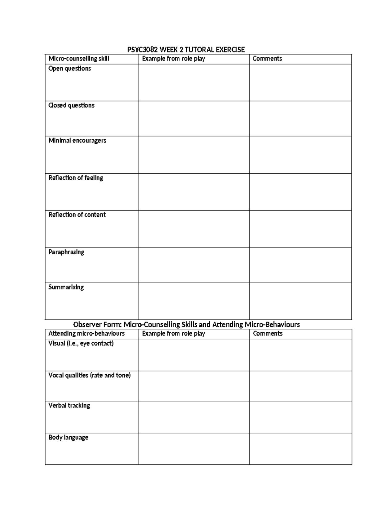 Micro counselling & attending skills observer form - PSYC3082 WEEK 2 ...