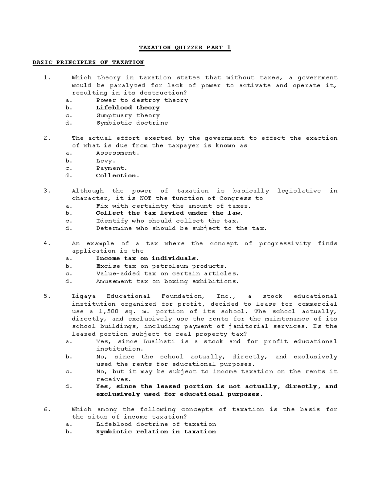 QUIZ version 1, questions and answers - TAXATION QUIZZER PART 1 BASIC ...