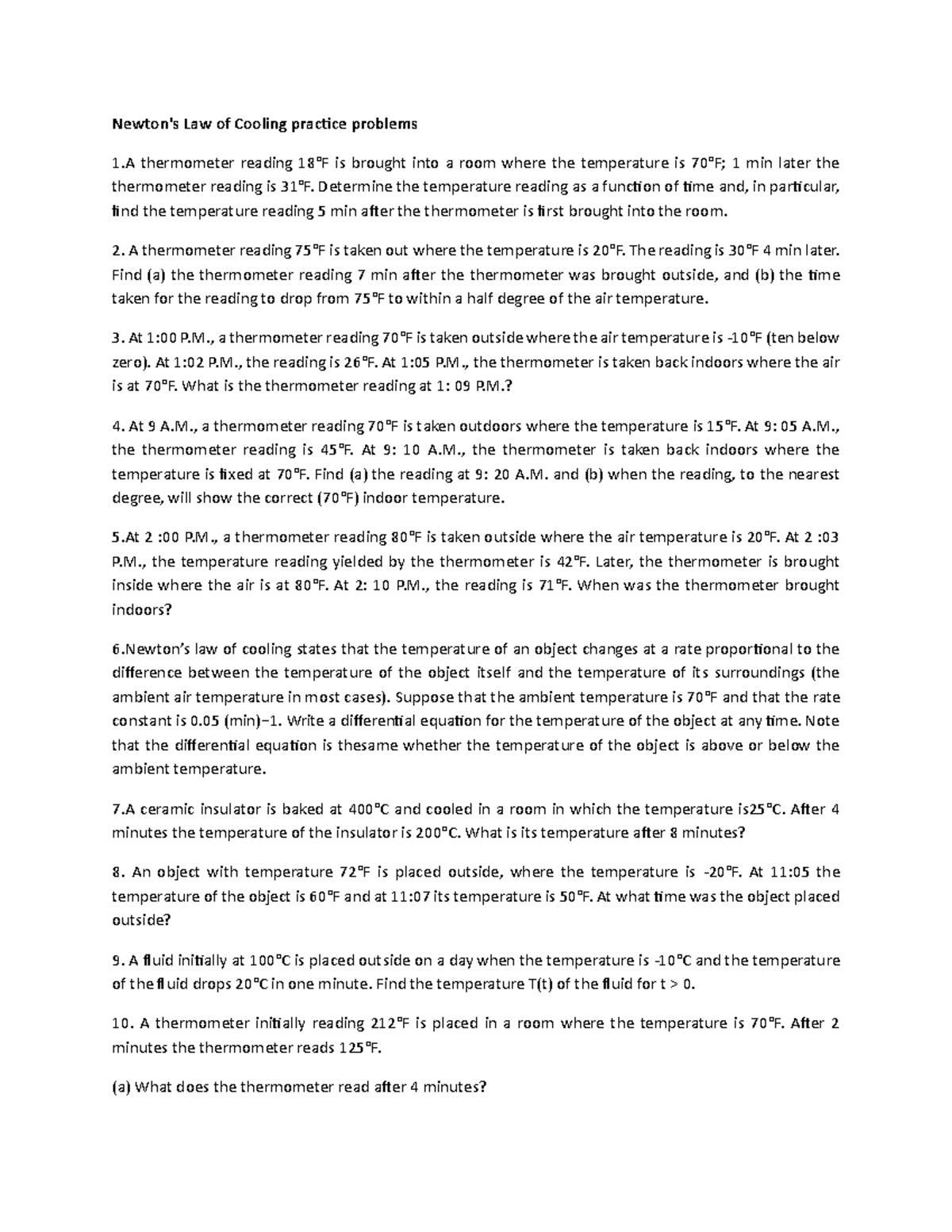Newtons Law of Cooling - Differential Eqn Practice Problems (Coded) - Studocu