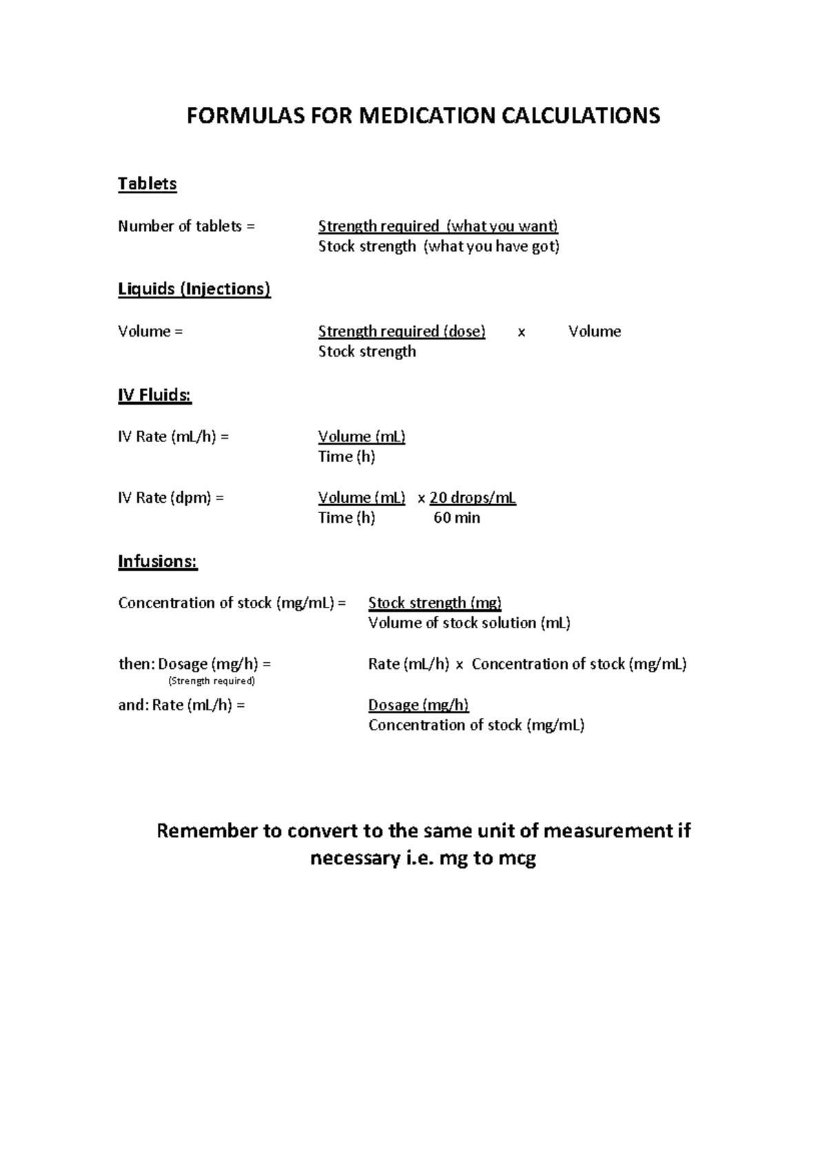 Drug Calculation Formulas for Medication (MED 101) - Studocu