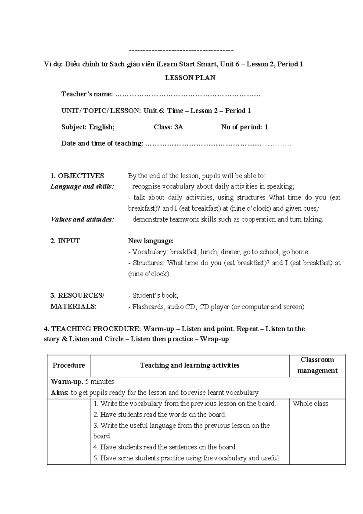 Unit 6 Lesson 2 Plan: Daily Activities & Time for Class 3A - Studocu