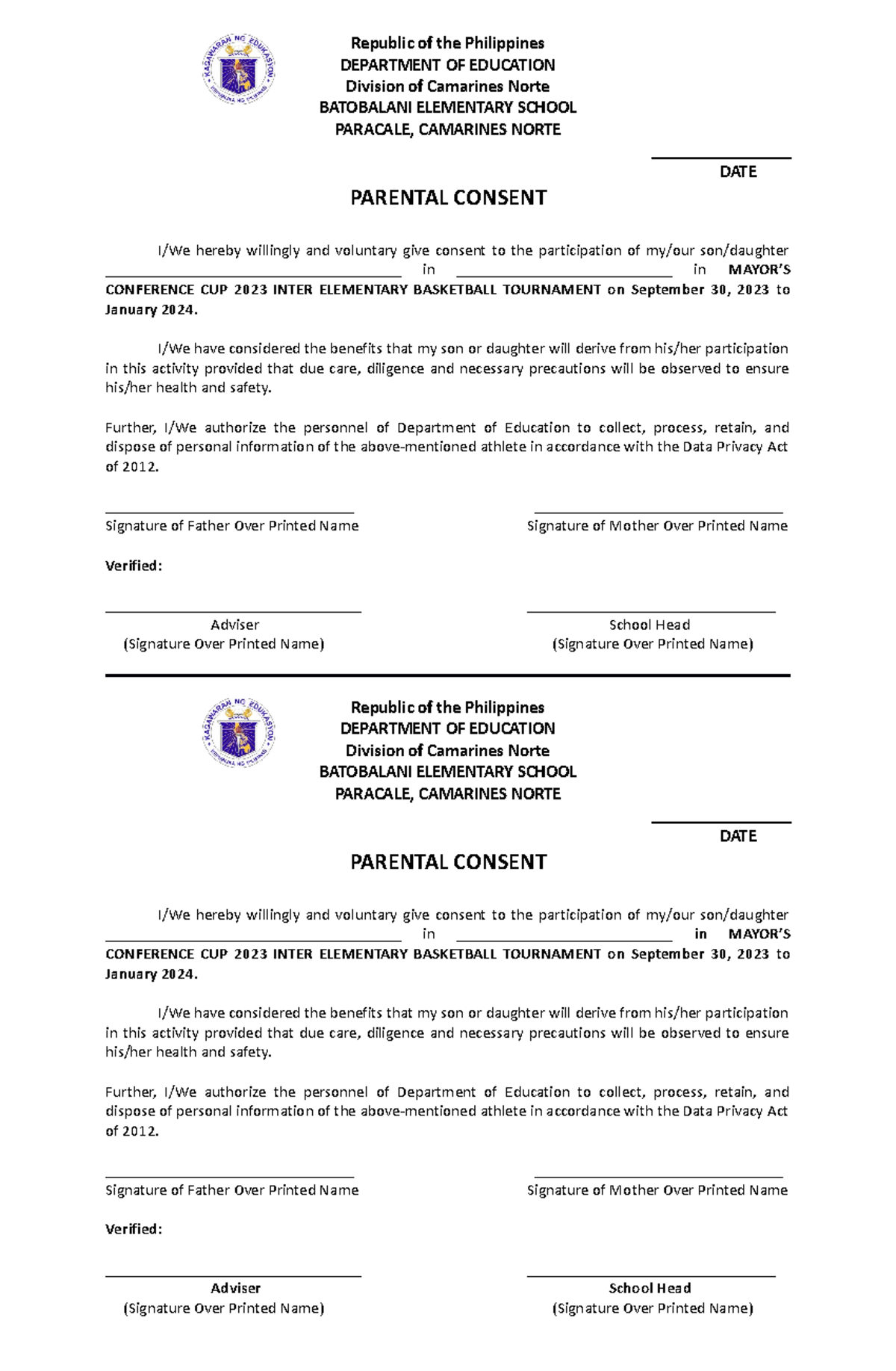Parental Consent for Mayor's Conference Cup 2023 Basketball Tournament ...