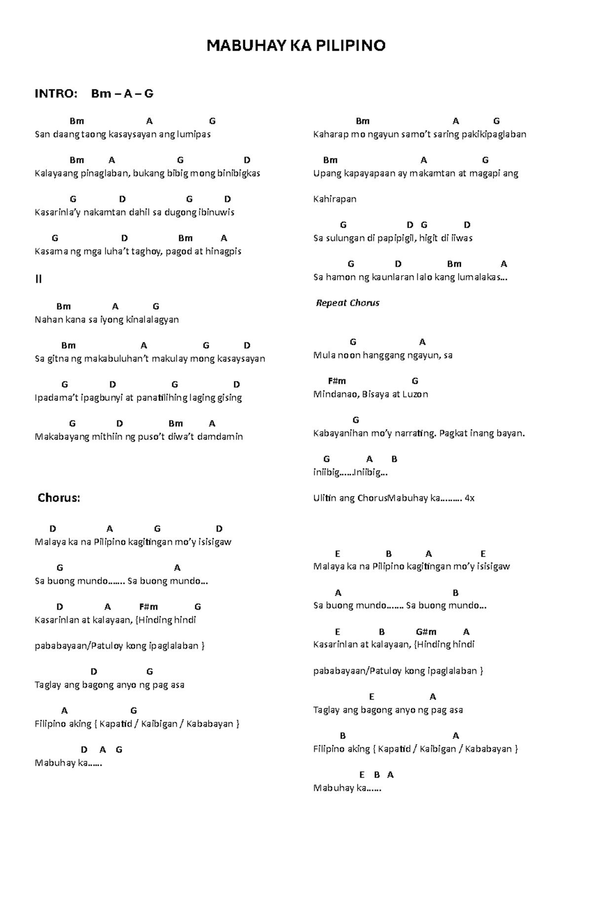 MABUHAY KA PILIPINO: Song Lyrics Analysis and Reflection - Studocu