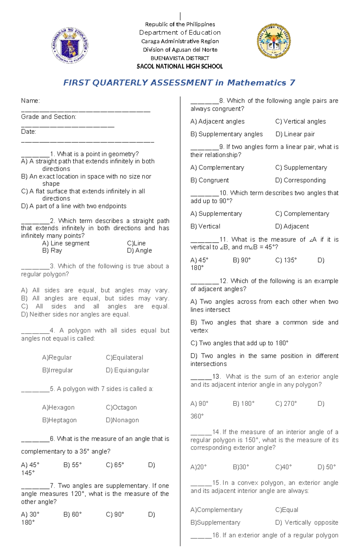 Mathematics 7: 1st Quarterly Assessment (Unang Panahunang Pagsusulit ...
