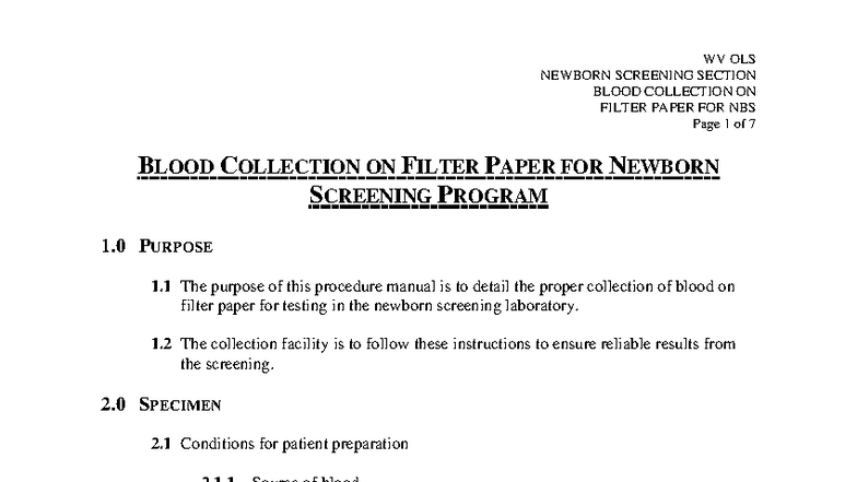WV OLS Newborn Screening Blood Collection Procedure Guide - Studocu