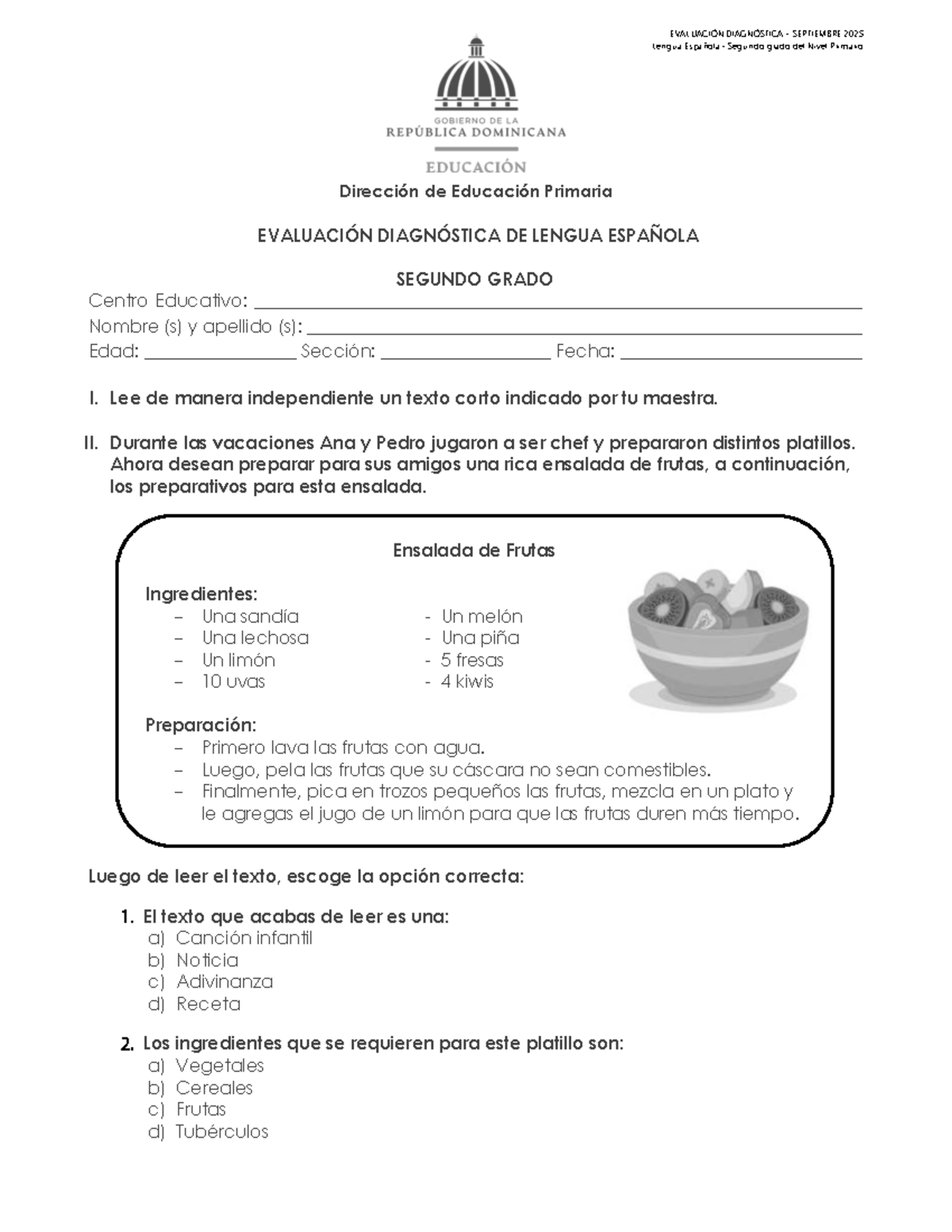 EVALUACIÓN DIAGNÓSTICA DE LENGUA ESPAÑOLA 2.DO GRADO - SEPT 2025 - Studocu