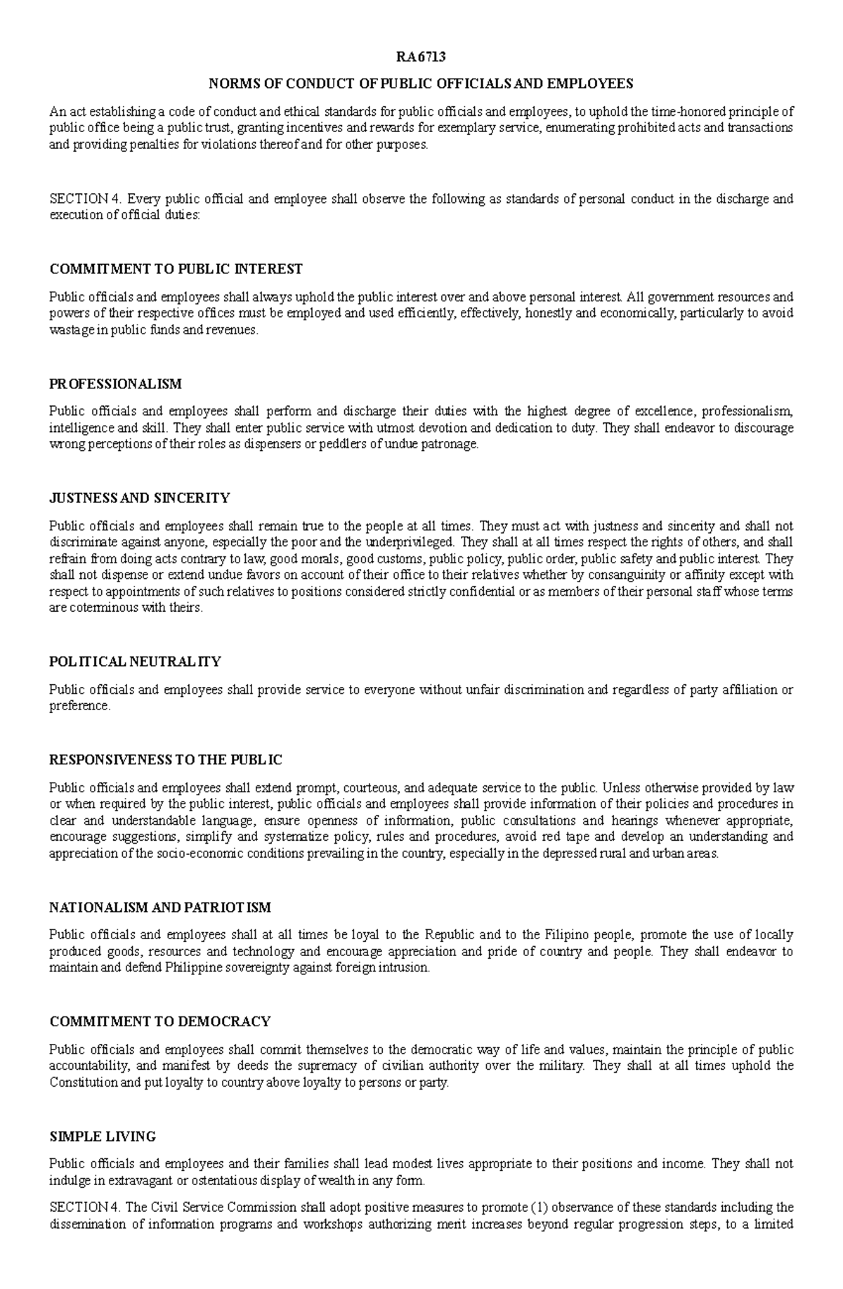 RA 6713: Code of Conduct & Ethical Standards for Public Officials - Studocu
