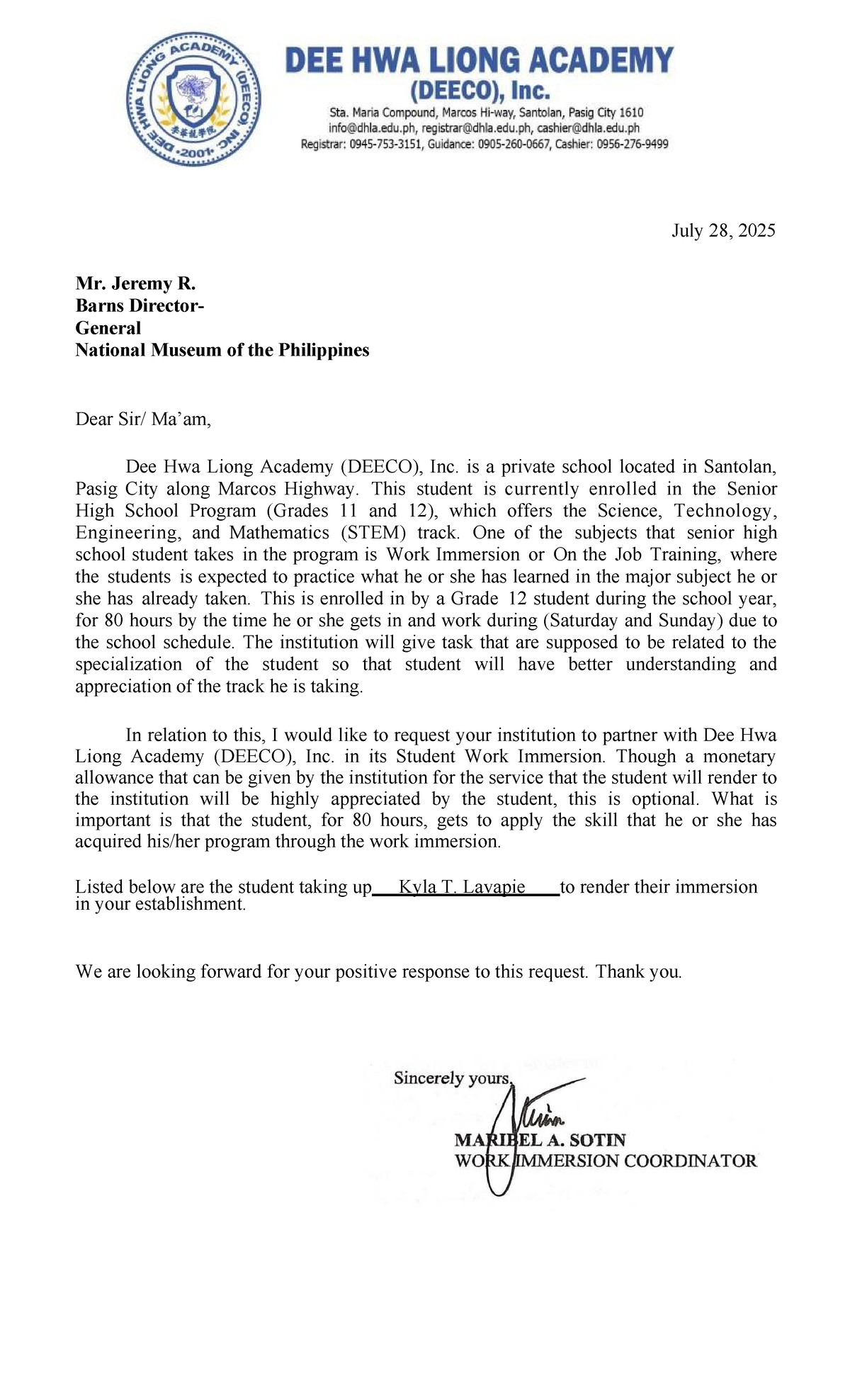 Letter of Intent for Student Work Immersion Program - Studocu