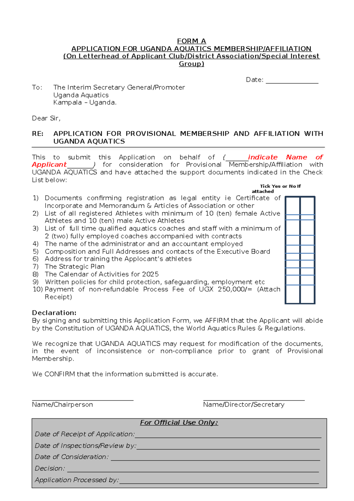 Form A - Application for Provisional Membership with Uganda Aquatics ...
