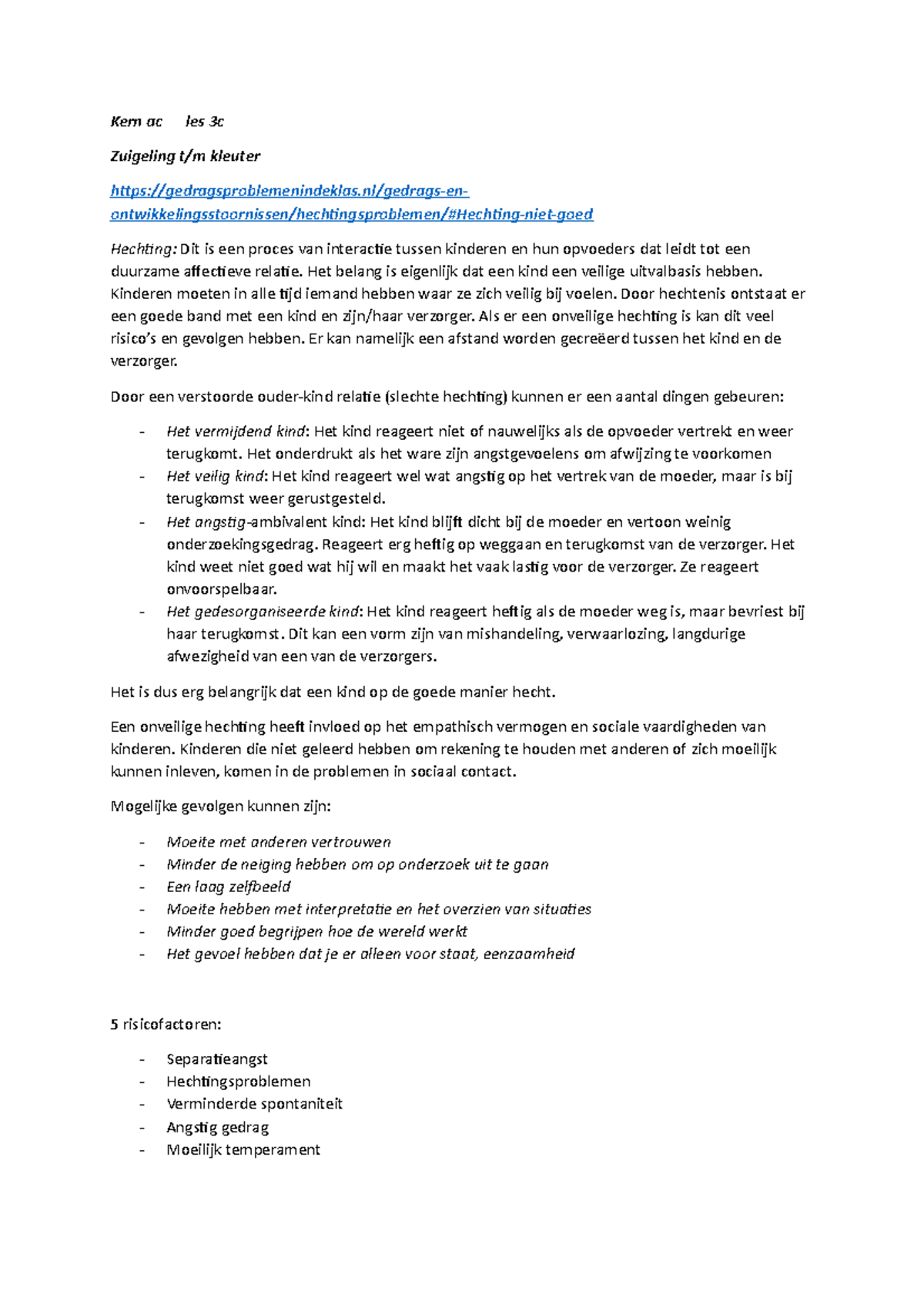 Kern AC Les 3C: Hechting en Ontwikkelingsstoornissen bij Kinderen ...