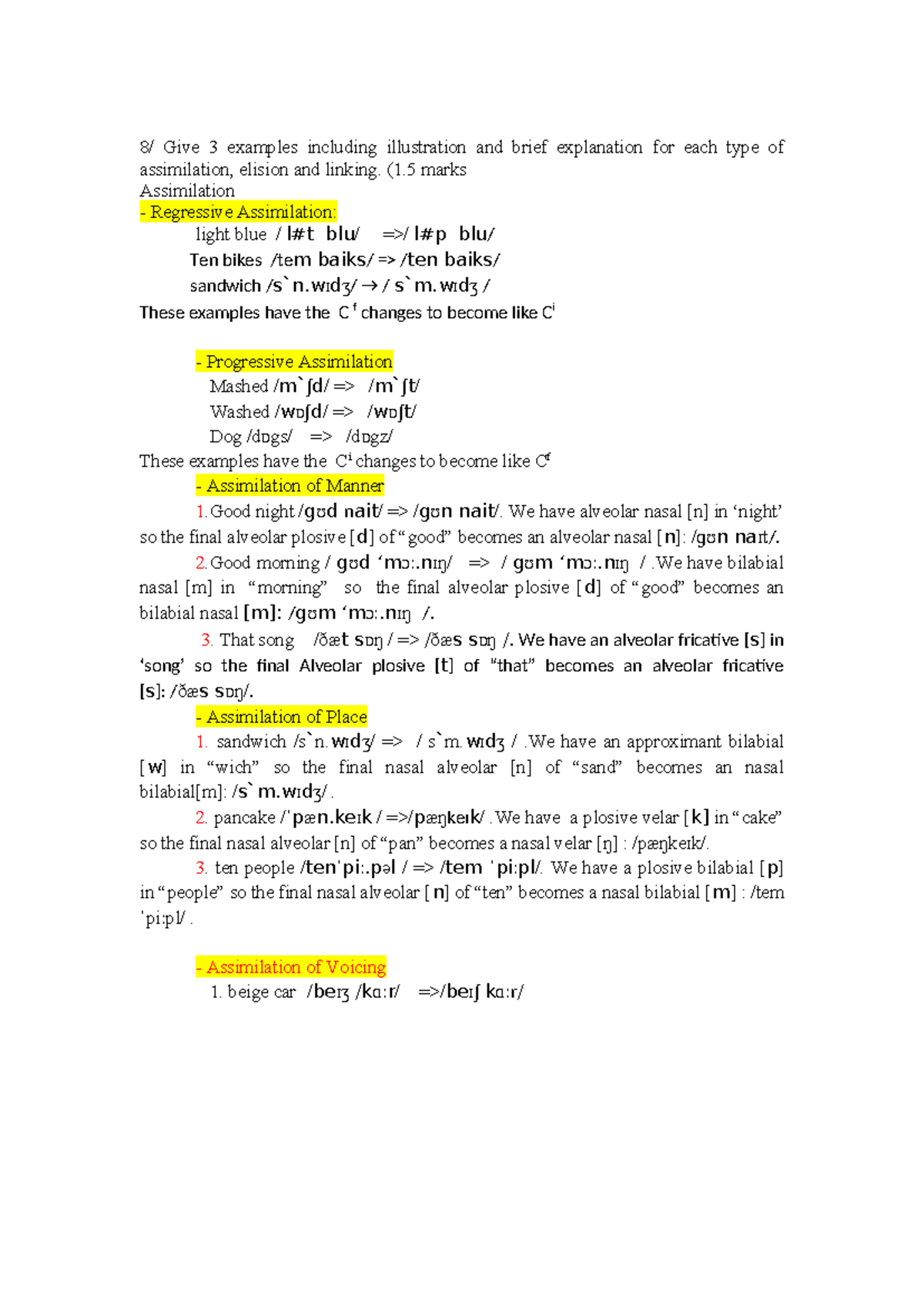 Elision and Linking: Assimilation Examples and Explanations - Studocu