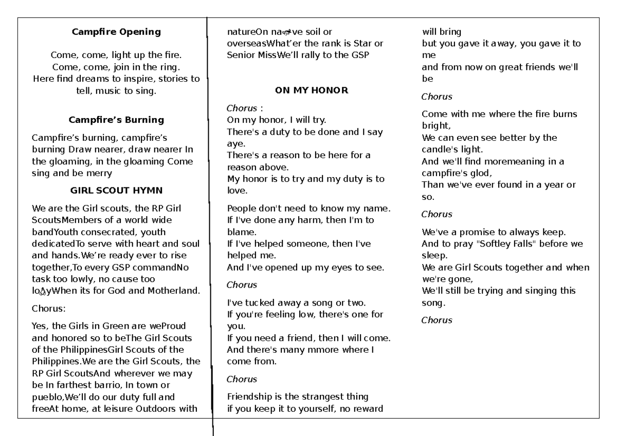 GSP SONG - Campfire Songs and Girl Scout Hymns - Studocu