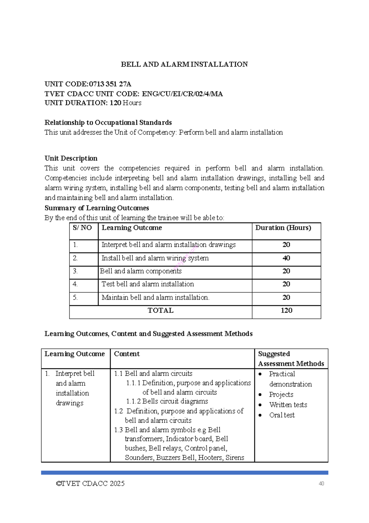 BELL AND ALARM INSTALLATION NOTES - UNIT CODE: 0713 351 27A - Studocu