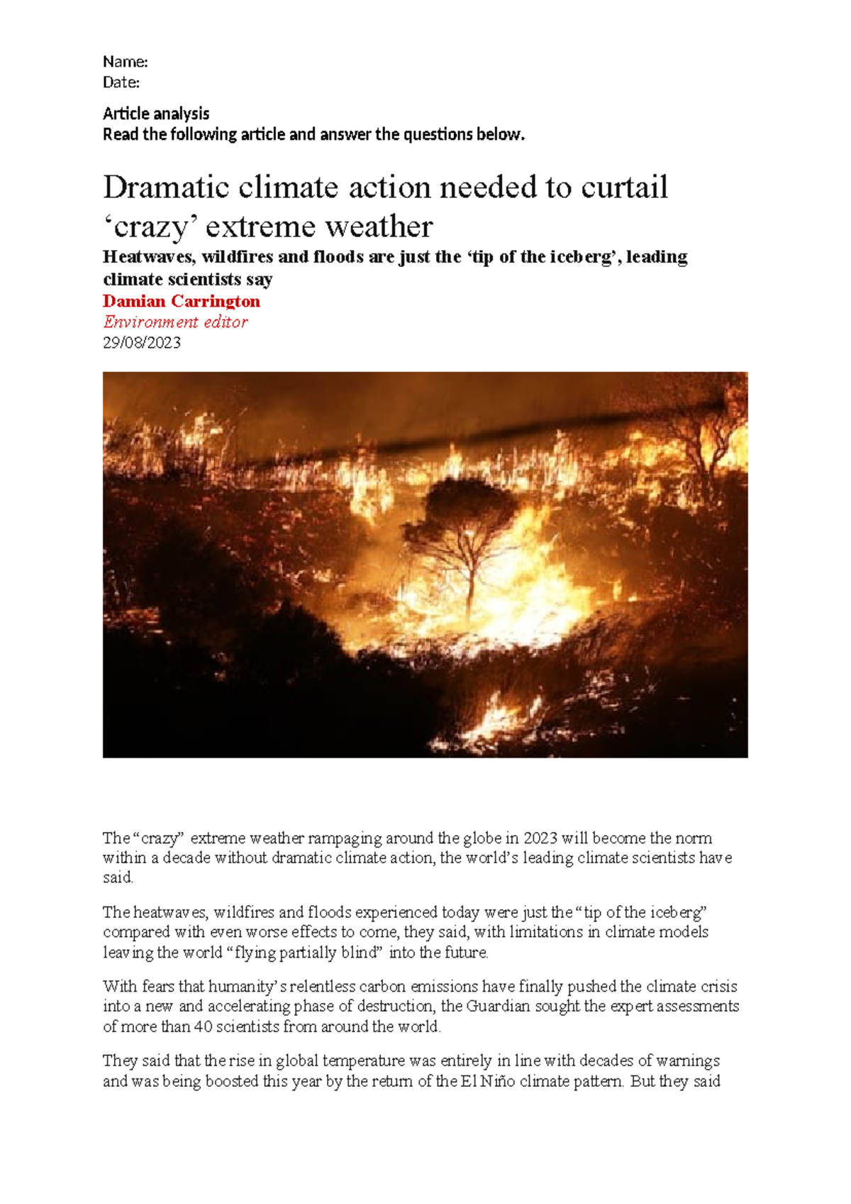 Article Analysis: Climate Change - Urgent Action Needed - Studocu