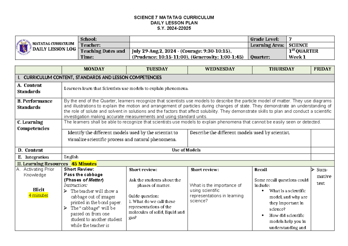 DLL Science-7 Q1 W1 - Lesson Plan on Scientific Models and Matter - Studocu