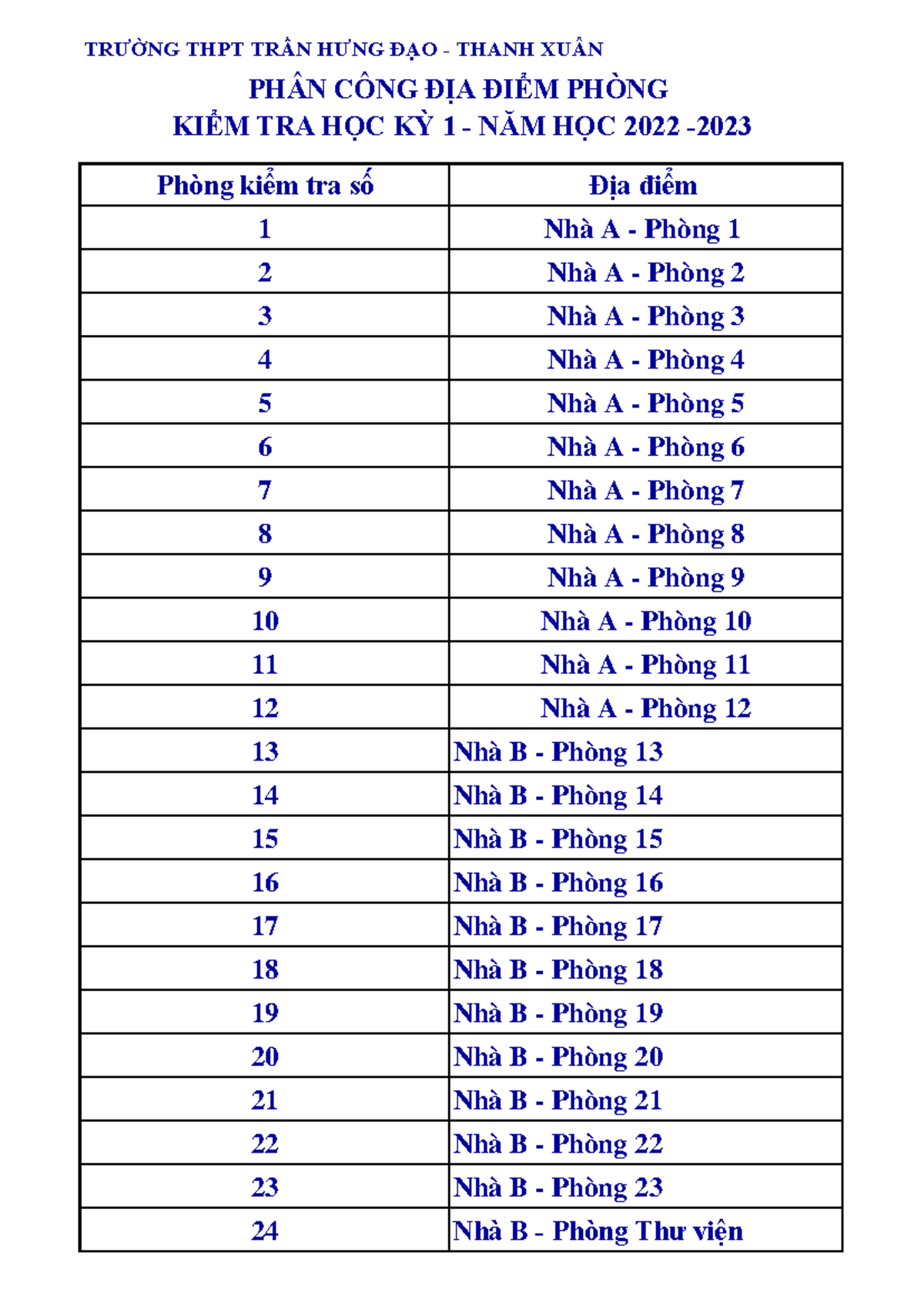 PC Diadiem phong KT HK1(22+23) - Phòng kiểm tra số Địa điểm 24 Nhà B ...