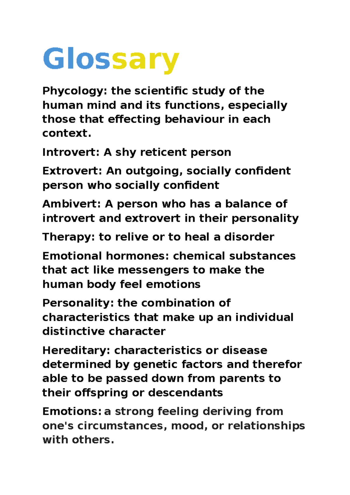 Psychology Glossary: Key Terms and Emotions Explained (KHHK.HK) - Studocu