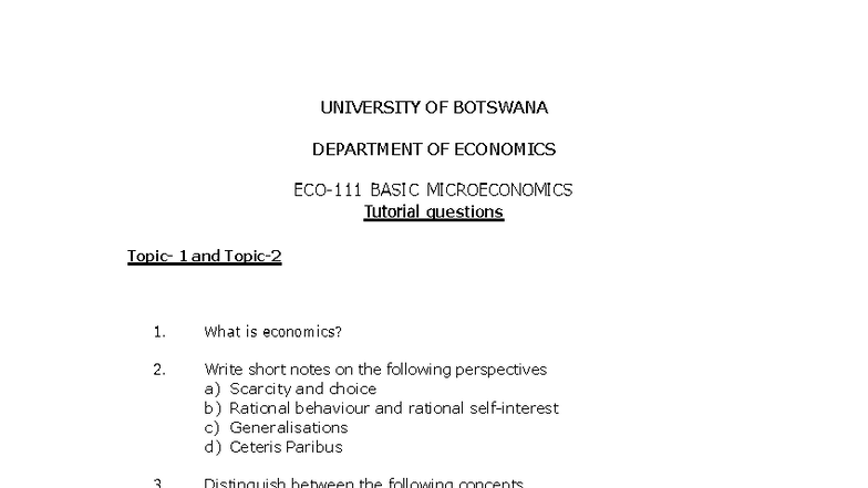 ECO 111 - Basic Microeconomics Tutorial Questions - August 2025 - Studocu