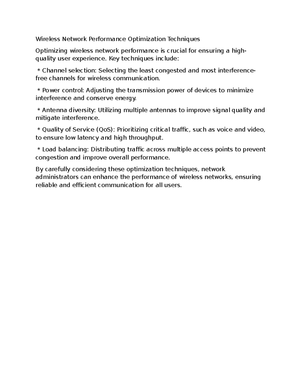 Wireless Network Performance Optimization Techniques - Key techniques include: * Channel ...