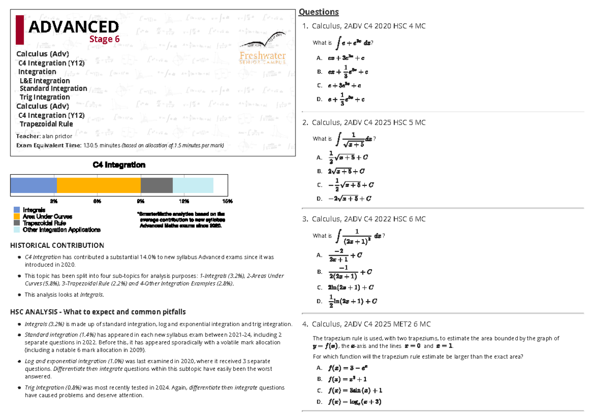 Integration Techniques and Analysis - Adv Stage 6 Calculus C4 (Y12 ...