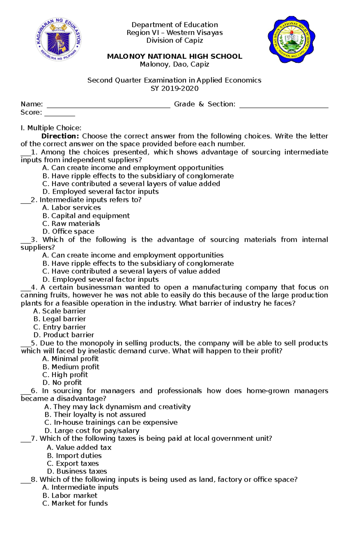 Final Exam in Applied Economics (SY 2019-20) - Set B Analysis - Studocu