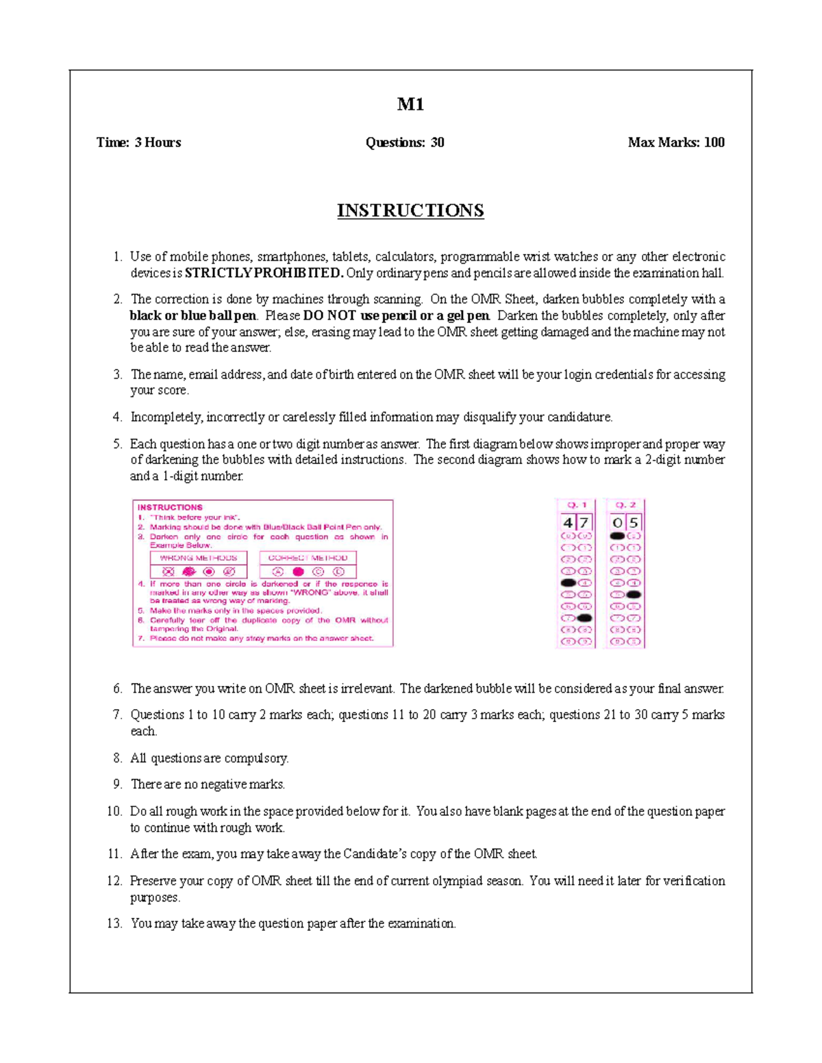 IOQM 2025 M1 Exam Instructions and Question Paper - Studocu