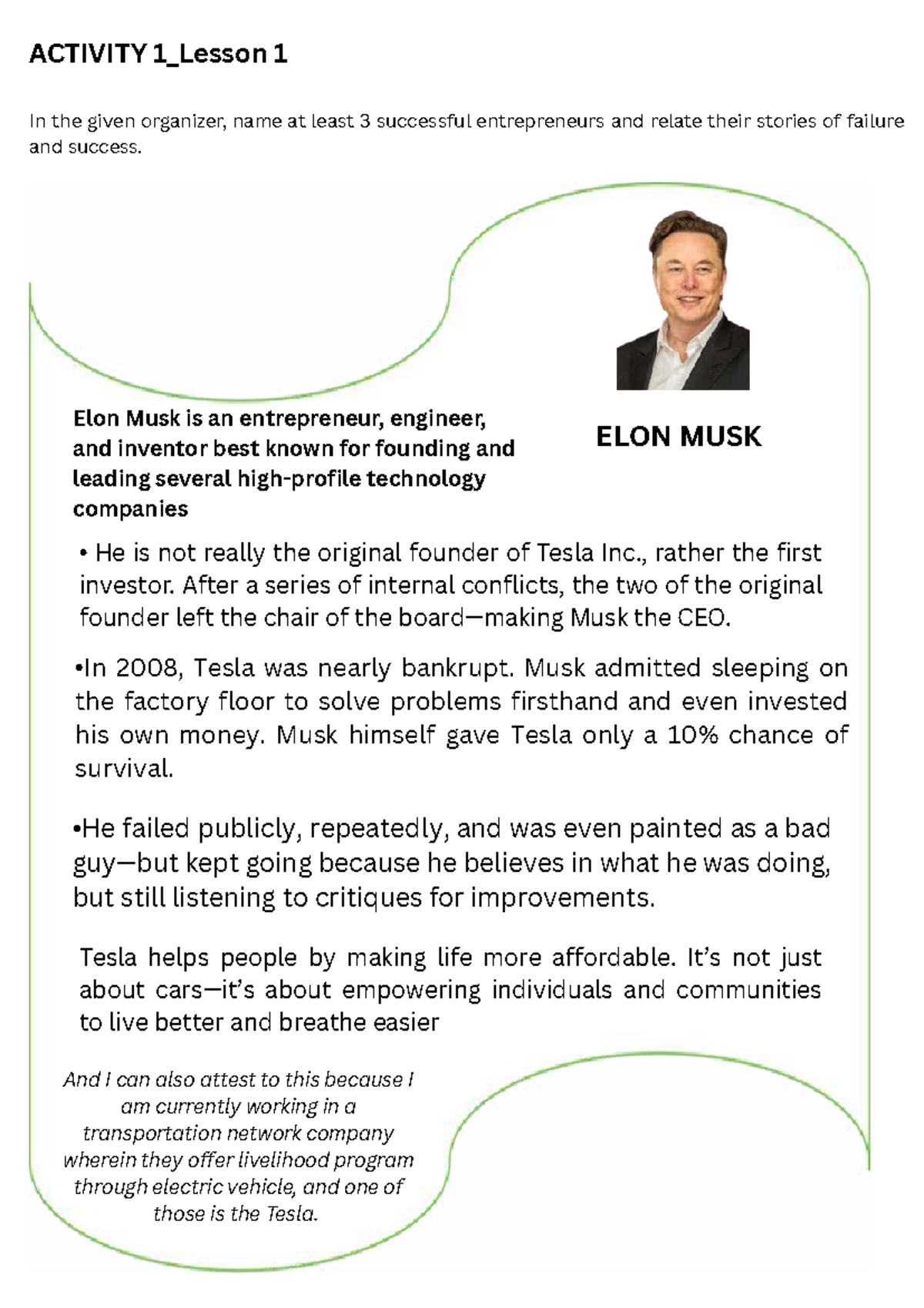 ACTIVITY 1_Lesson 1: Success and Failure Stories of Entrepreneurs - Studocu